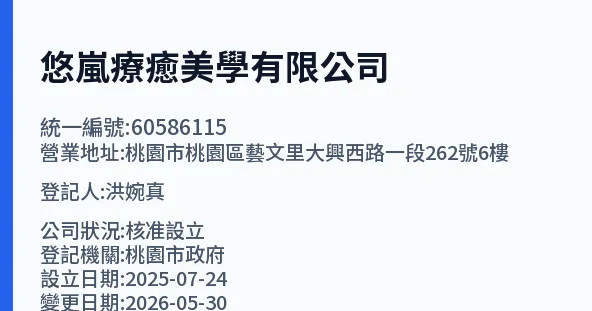 悠嵐療癒美學有限公司的照片-統編 60586115(桃園市) 公司登記資料與營業項目詳細圖表