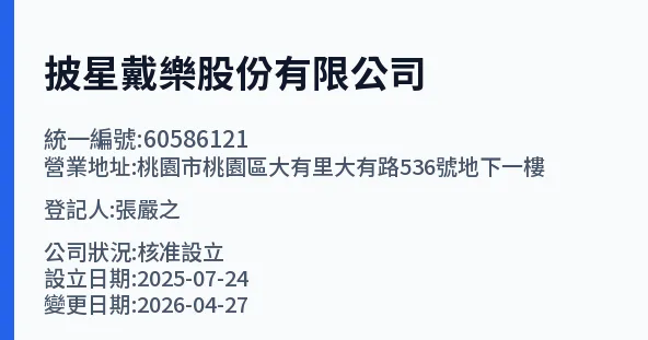 披星戴樂股份有限公司的照片-統編 60586121(桃園市) 公司登記資料與營業項目詳細圖表