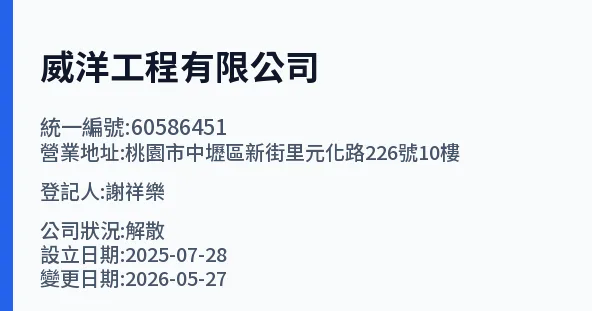 威洋工程有限公司的照片-統編 60586451(桃園市) 公司登記資料與營業項目詳細圖表