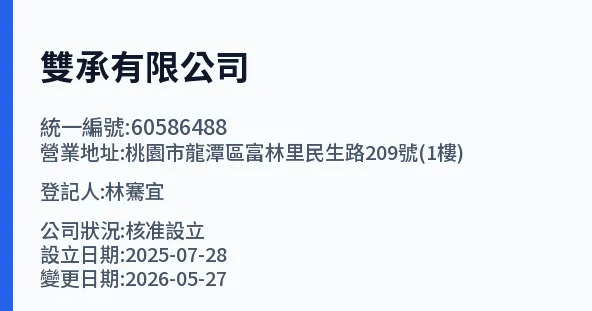 雙承有限公司的照片-統編 60586488(桃園市) 公司登記資料與營業項目詳細圖表
