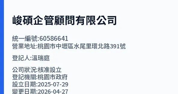 峻碩企管顧問有限公司的照片-統編 60586641(桃園市) 公司登記資料與營業項目詳細圖表