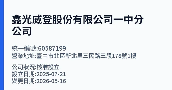 鑫光威登股份有限公司一中分公司的照片-統編 60587199(臺中市) 公司登記資料與營業項目詳細圖表