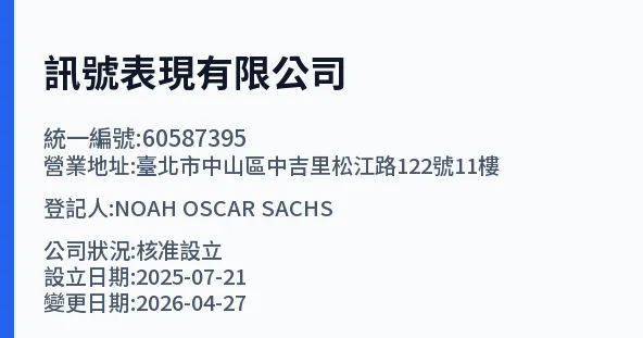 訊號表現有限公司的照片-統編 60587395(臺北市) 公司登記資料與營業項目詳細圖表