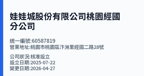 娃娃城股份有限公司桃園經國分公司的照片-統編 60587819(桃園市) 公司登記資料與營業項目詳細圖表