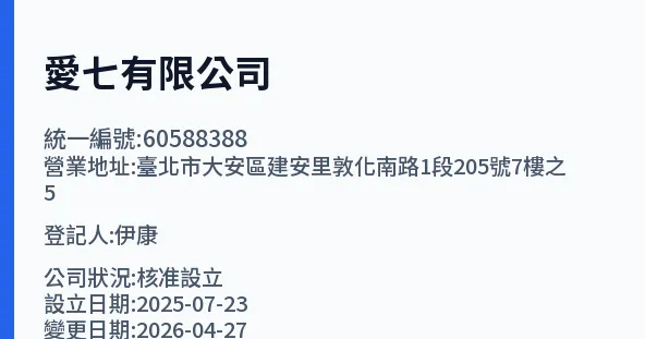 愛七有限公司的照片-統編 60588388(臺北市) 公司登記資料與營業項目詳細圖表