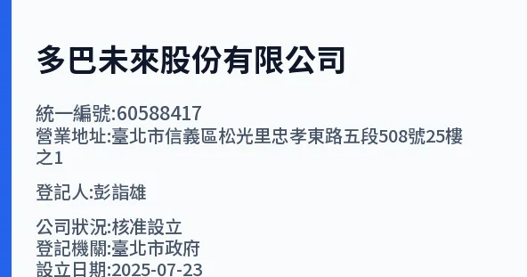 多巴未來股份有限公司的照片-統編 60588417(臺北市) 公司登記資料與營業項目詳細圖表