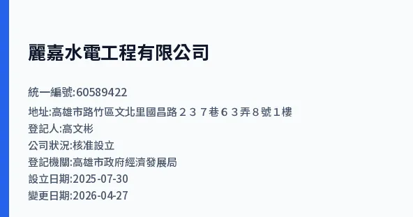 麗嘉水電工程有限公司的照片-統編 60589422(高雄市) 公司登記資料與營業項目詳細圖表
