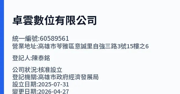 卓雲數位有限公司的照片-統編 60589561(高雄市) 公司登記資料與營業項目詳細圖表