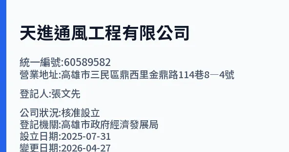 天進通風工程有限公司的照片-統編 60589582(高雄市) 公司登記資料與營業項目詳細圖表