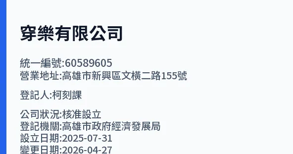 穿樂有限公司的照片-統編 60589605(高雄市) 公司登記資料與營業項目詳細圖表