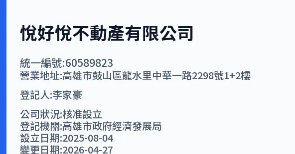 悅好悅不動產有限公司的照片-統編 60589823(高雄市) 公司登記資料與營業項目詳細圖表