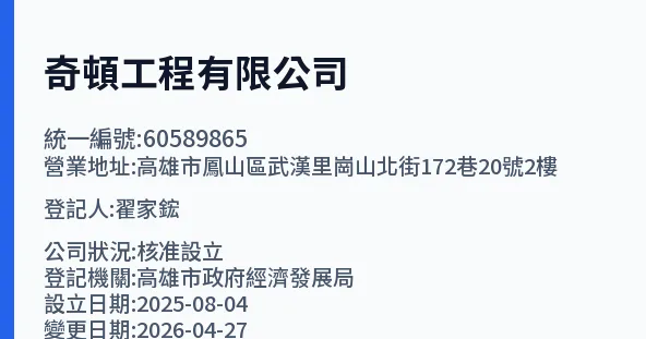 奇頓工程有限公司的照片-統編 60589865(高雄市) 公司登記資料與營業項目詳細圖表