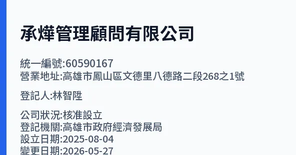 承燁管理顧問有限公司的照片-統編 60590167(高雄市) 公司登記資料與營業項目詳細圖表