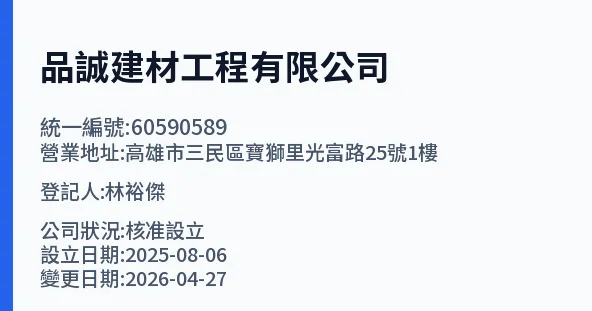 品誠建材工程有限公司的照片-統編 60590589(高雄市) 公司登記資料與營業項目詳細圖表
