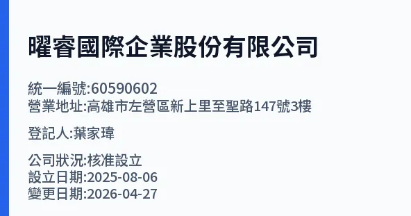 曜睿國際企業股份有限公司的照片-統編 60590602(高雄市) 公司登記資料與營業項目詳細圖表