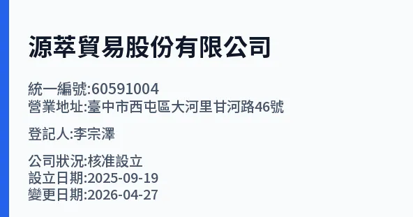 源萃貿易股份有限公司的照片-統編 60591004(臺中市) 公司登記資料與營業項目詳細圖表