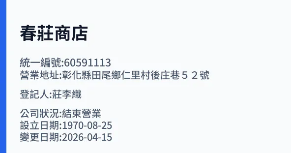 春莊商店的照片-統編 60591113(彰化縣) 公司登記資料與營業項目詳細圖表