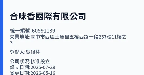 合味香國際有限公司的照片-統編 60591139(臺中市) 公司登記資料與營業項目詳細圖表