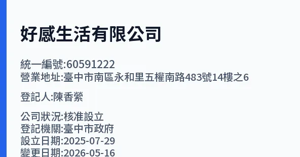 好感生活有限公司的照片-統編 60591222(臺中市) 公司登記資料與營業項目詳細圖表