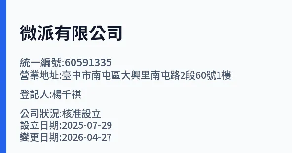 微派有限公司的照片-統編 60591335(臺中市) 公司登記資料與營業項目詳細圖表