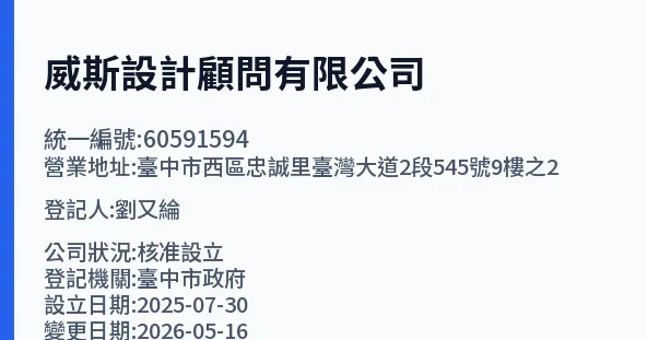 威斯設計顧問有限公司的照片-統編 60591594(臺中市) 公司登記資料與營業項目詳細圖表