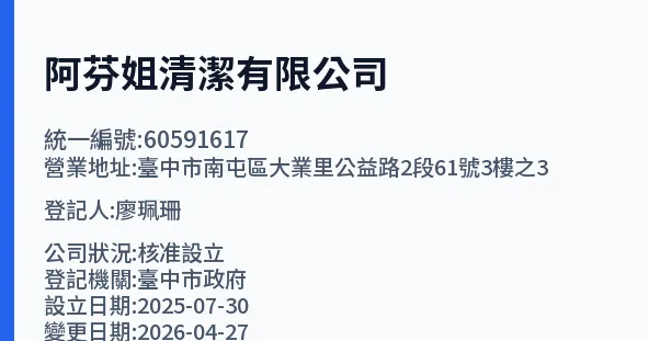 阿芬姐清潔有限公司的照片-統編 60591617(臺中市) 公司登記資料與營業項目詳細圖表