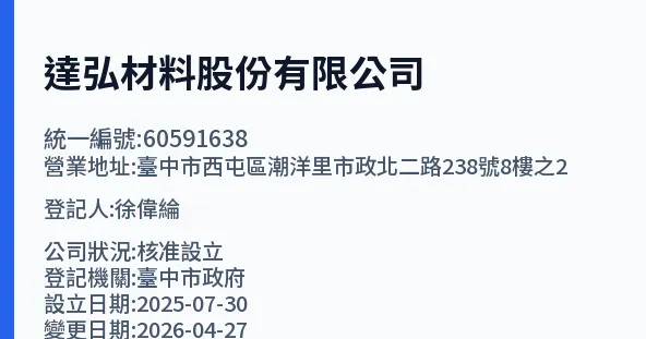 達弘材料股份有限公司的照片-統編 60591638(臺中市) 公司登記資料與營業項目詳細圖表