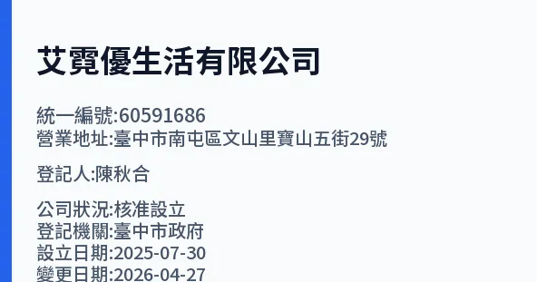 艾霓優生活有限公司的照片-統編 60591686(臺中市) 公司登記資料與營業項目詳細圖表