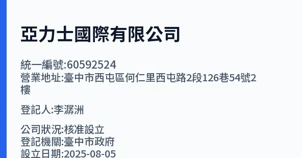 亞力士國際有限公司的照片-統編 60592524(臺中市) 公司登記資料與營業項目詳細圖表