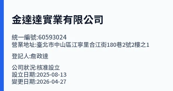 金達達實業有限公司的照片-統編 60593024(臺北市) 公司登記資料與營業項目詳細圖表