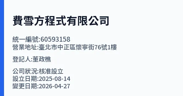 費雪方程式有限公司的照片-統編 60593158(臺北市) 公司登記資料與營業項目詳細圖表