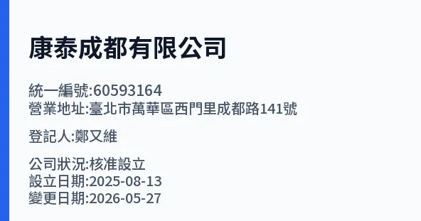 康泰成都有限公司的照片-統編 60593164(臺北市) 公司登記資料與營業項目詳細圖表