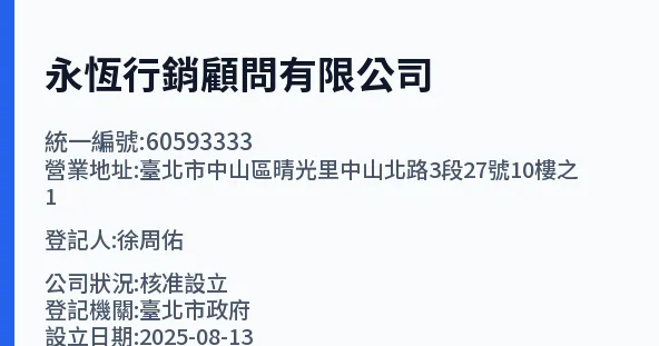永恆行銷顧問有限公司的照片-統編 60593333(臺北市) 公司登記資料與營業項目詳細圖表