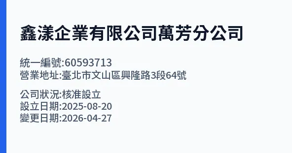 鑫漾企業有限公司萬芳分公司的照片-統編 60593713(臺北市) 公司登記資料與營業項目詳細圖表