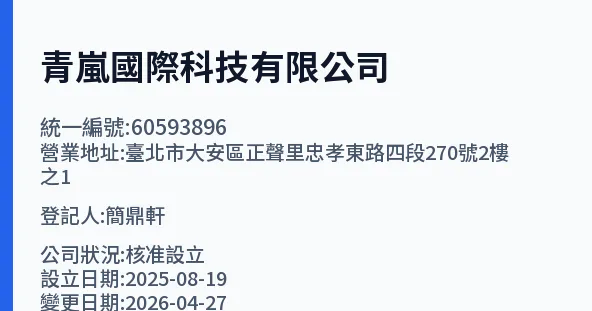 青嵐國際科技有限公司的照片-統編 60593896(臺北市) 公司登記資料與營業項目詳細圖表