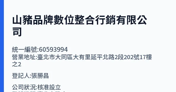 山豬品牌數位整合行銷有限公司的照片-統編 60593994(臺北市) 公司登記資料與營業項目詳細圖表