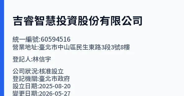 吉睿智慧投資股份有限公司的照片-統編 60594516(臺北市) 公司登記資料與營業項目詳細圖表