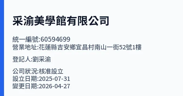 采渝美學館有限公司的照片-統編 60594699(花蓮縣) 公司登記資料與營業項目詳細圖表