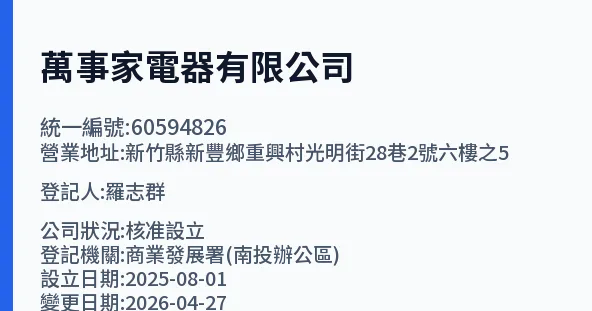 萬事家電器有限公司的照片-統編 60594826(新竹縣) 公司登記資料與營業項目詳細圖表
