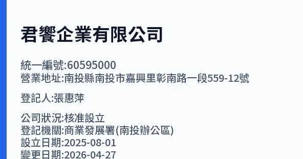 君饗企業有限公司的照片-統編 60595000(南投縣) 公司登記資料與營業項目詳細圖表