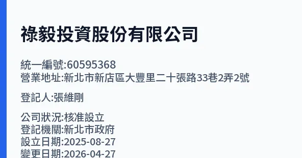 祿毅投資股份有限公司的照片-統編 60595368(新北市) 公司登記資料與營業項目詳細圖表