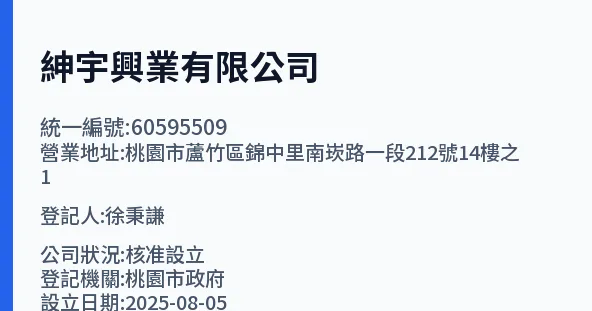 紳宇興業有限公司的照片-統編 60595509(桃園市) 公司登記資料與營業項目詳細圖表
