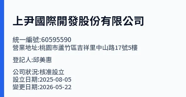 上尹國際開發股份有限公司的照片-統編 60595590(桃園市) 公司登記資料與營業項目詳細圖表
