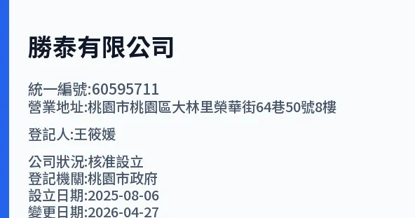 勝泰有限公司的照片-統編 60595711(桃園市) 公司登記資料與營業項目詳細圖表