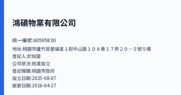 鴻碩物業有限公司的照片-統編 60595830(桃園市) 公司登記資料與營業項目詳細圖表