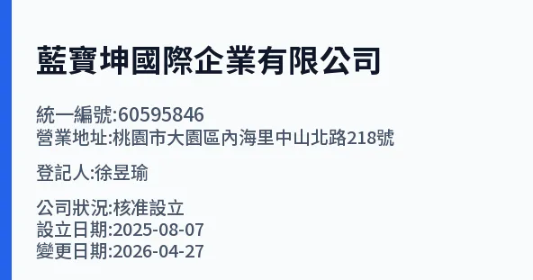 藍寶坤國際企業有限公司的照片-統編 60595846(桃園市) 公司登記資料與營業項目詳細圖表
