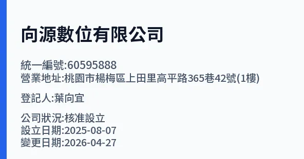 向源數位有限公司的照片-統編 60595888(桃園市) 公司登記資料與營業項目詳細圖表