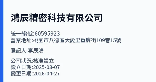鴻辰精密科技有限公司的照片-統編 60595923(桃園市) 公司登記資料與營業項目詳細圖表