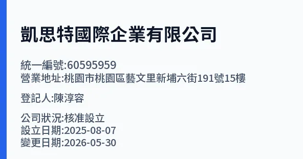 凱思特國際企業有限公司的照片-統編 60595959(桃園市) 公司登記資料與營業項目詳細圖表