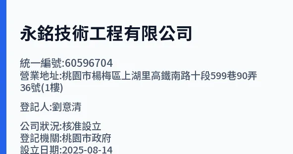 永銘技術工程有限公司的照片-統編 60596704(桃園市) 公司登記資料與營業項目詳細圖表